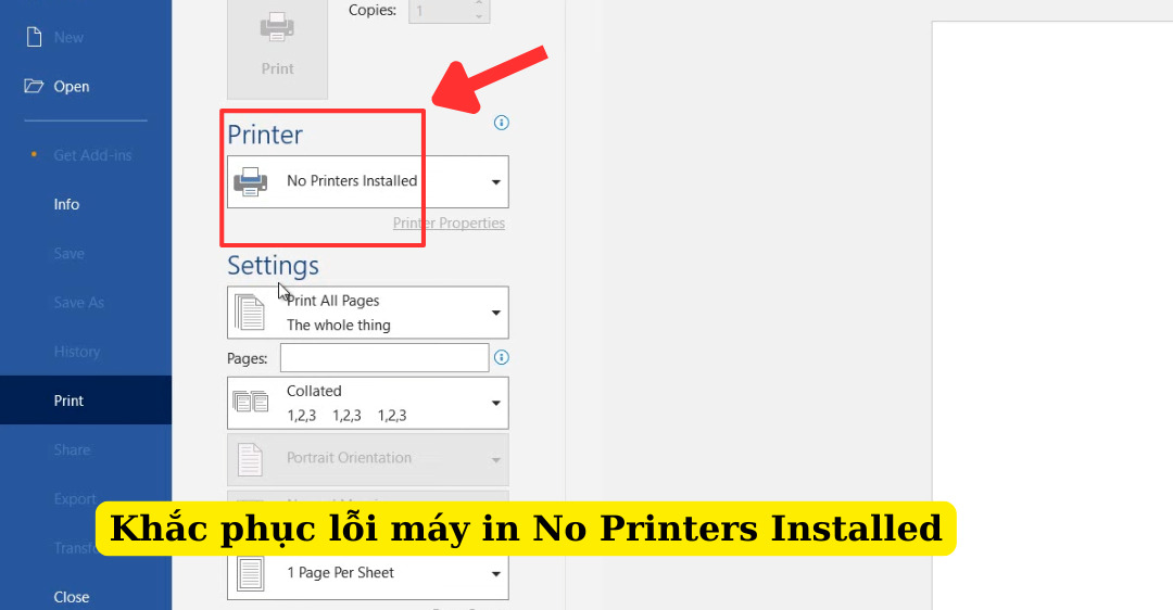 Khắc phục lỗi máy in No Printers Installed trong Word, Excel